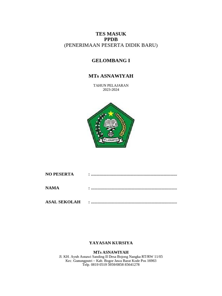 Tes Masuk PPDB MTs Asnawiyah 2023 | PDF