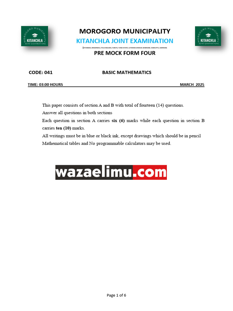 Basic Mathematics f4 2025 - Wazaelimu.com | PDF | Function (Mathematics) | Area