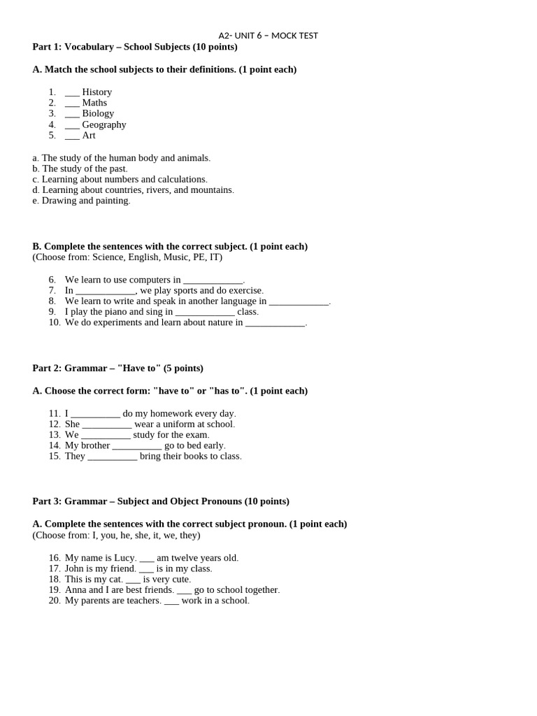 A2 MOCK TEST- unit 6 | PDF | Subject (Grammar) | Linguistics