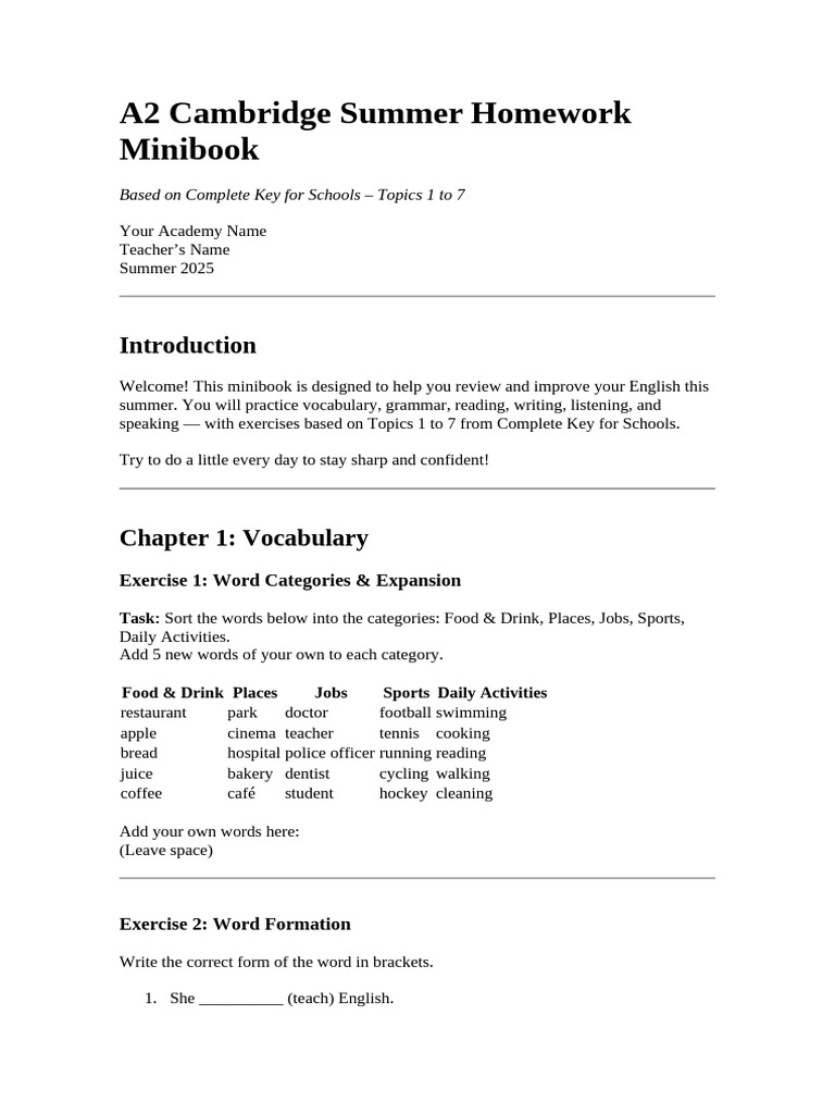 A2 Cambridge Summer Homework Minibook | PDF | English Language ...