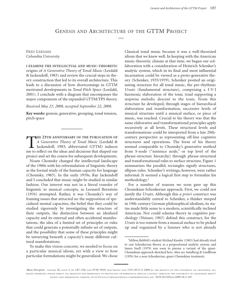 Lerdahl Genesis and Architecture of The GTTM Project | PDF | Hierarchy | Music Theory