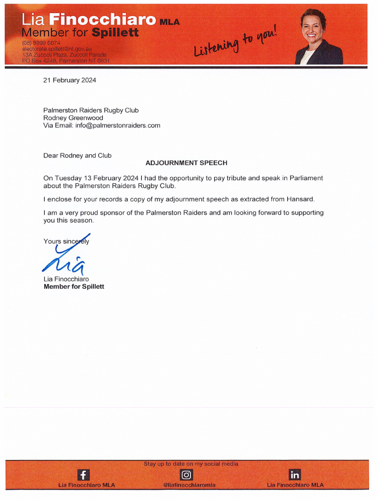 Adjournment Speech Palmerston Raiders Rugby Club February 2024 | PDF