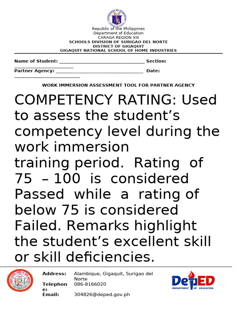 Work Immersion Assessment Tool | PDF | Social Psychology | Psychology