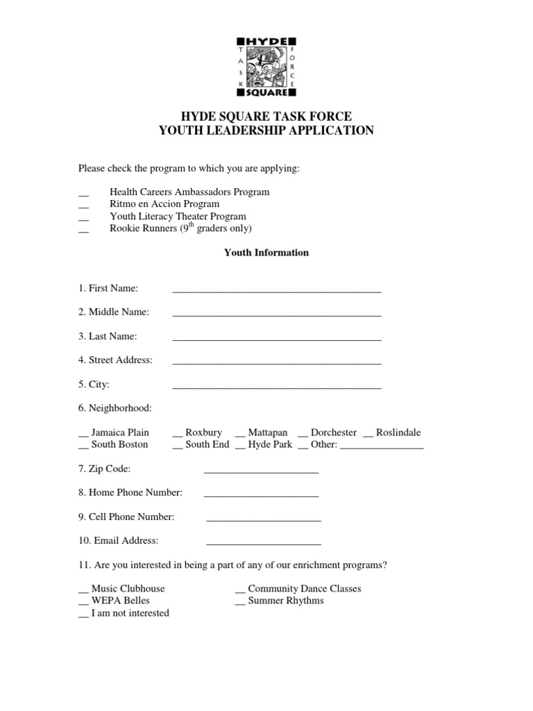Hyde Square Task Force Youth Leadership Application | PDF | Race And ...