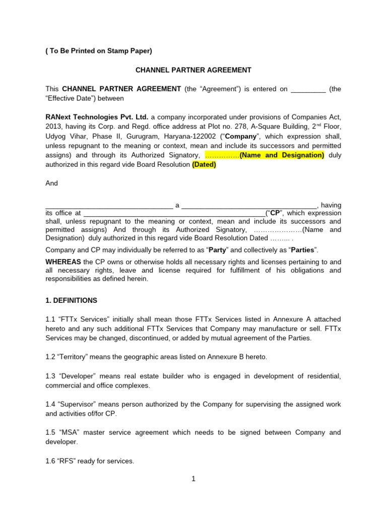Channel Partner Agreement for FTTx Services | PDF | Indemnity | Private Law