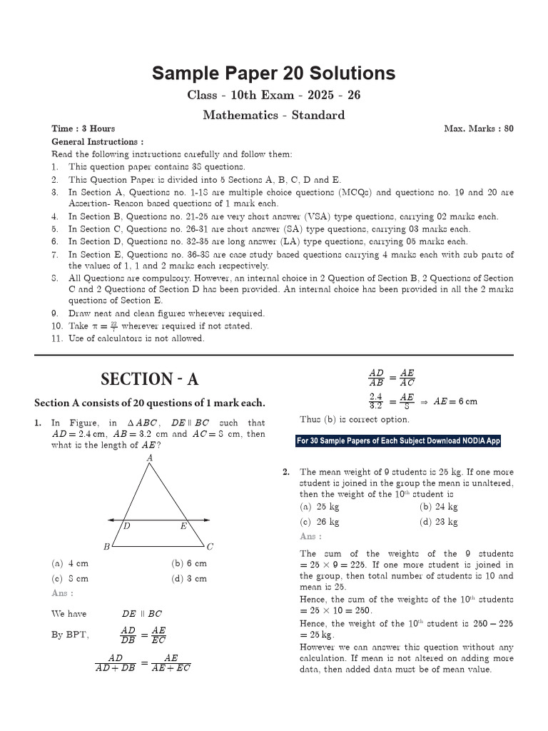 CBSE Class 10 Math Sample Paper Solutions | PDF | Mean | Mathematics