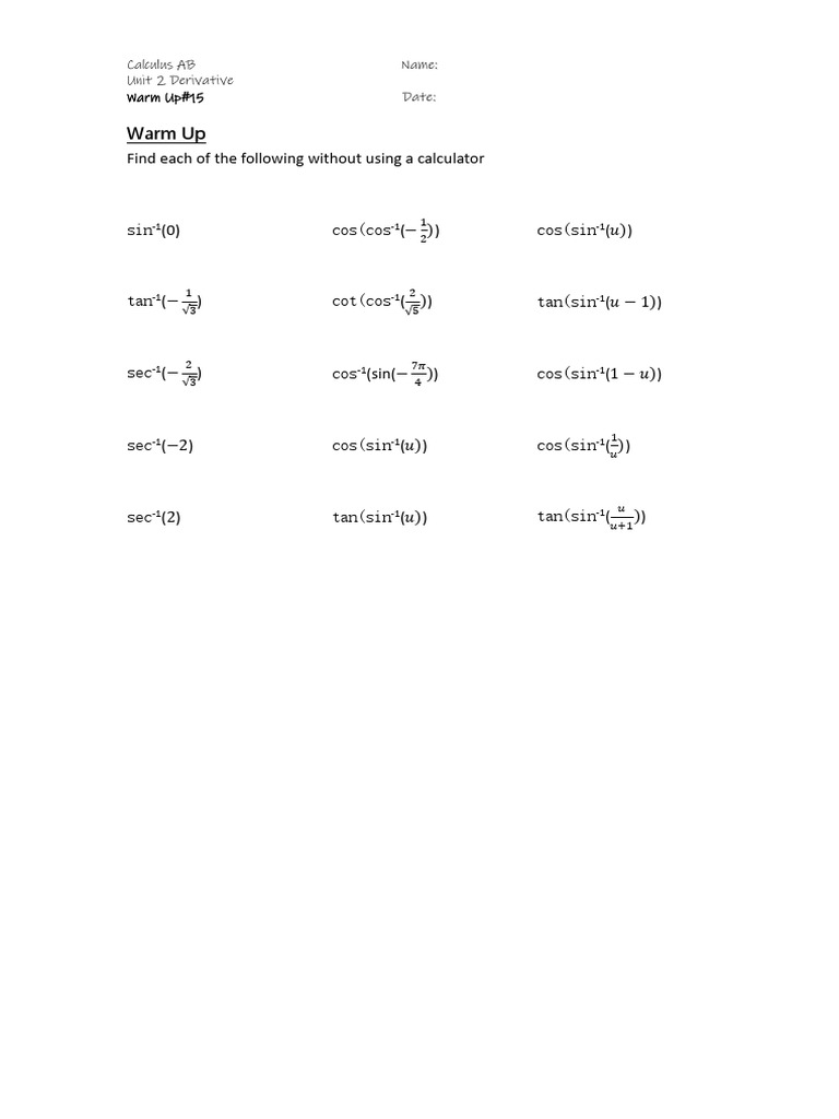 Unit 2 Warm Up #15 (Inverse Trig) | PDF