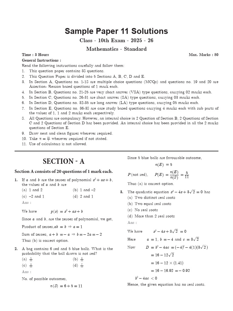 CBSE Class 10 Math Sample Paper 11 Solutions | PDF | Sphere | Zero Of A ...