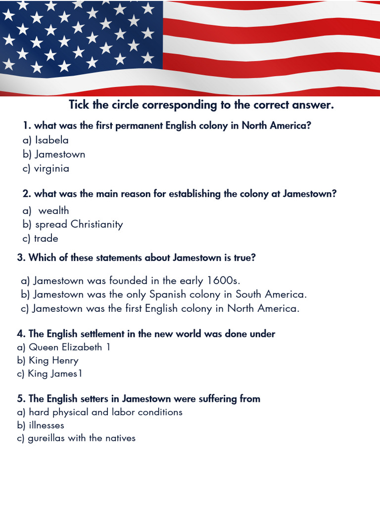 Jamestown: First English Colony Quiz | PDF