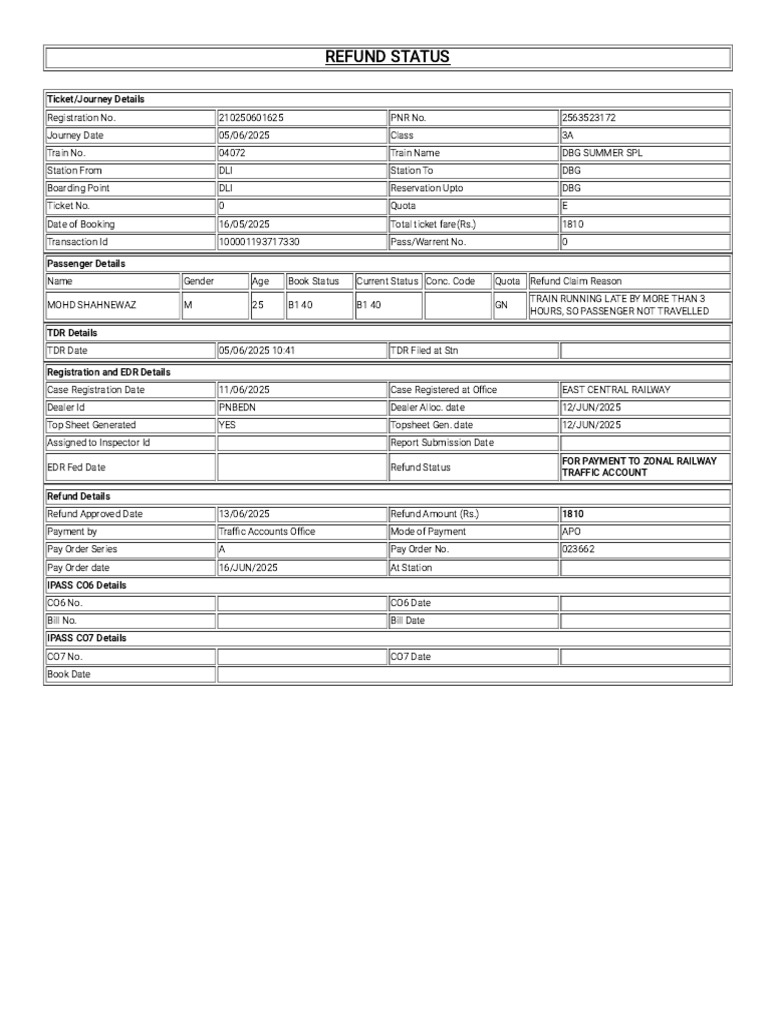 Refund Status for Train Ticket 04072 | PDF | Public Transport | Transport