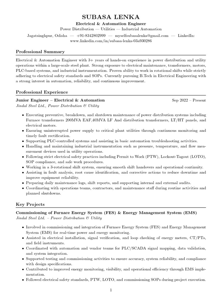 Naukri_SubasaLenka[3y_1m] | PDF | Automation | Instrumentation