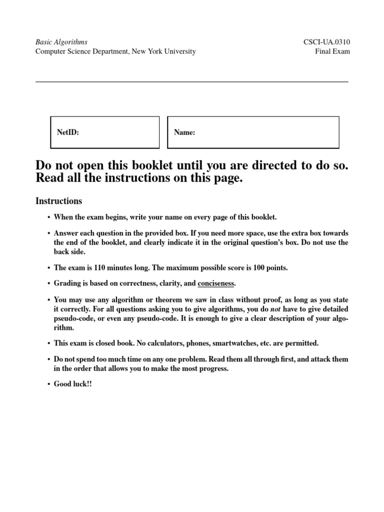 Basic Algorithms Final Exam Guide | PDF | Vertex (Graph Theory ...