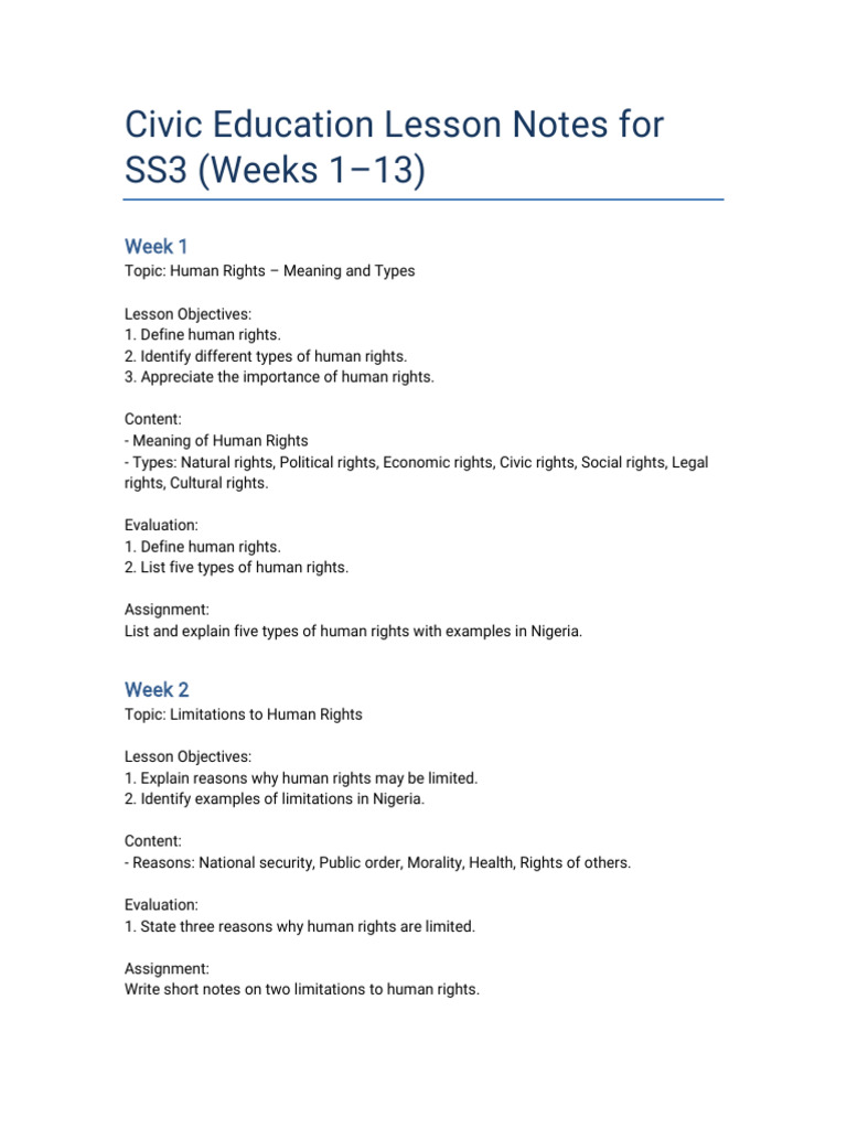 Civic Education SS3 Lesson Notes | PDF | Rule Of Law | Rights