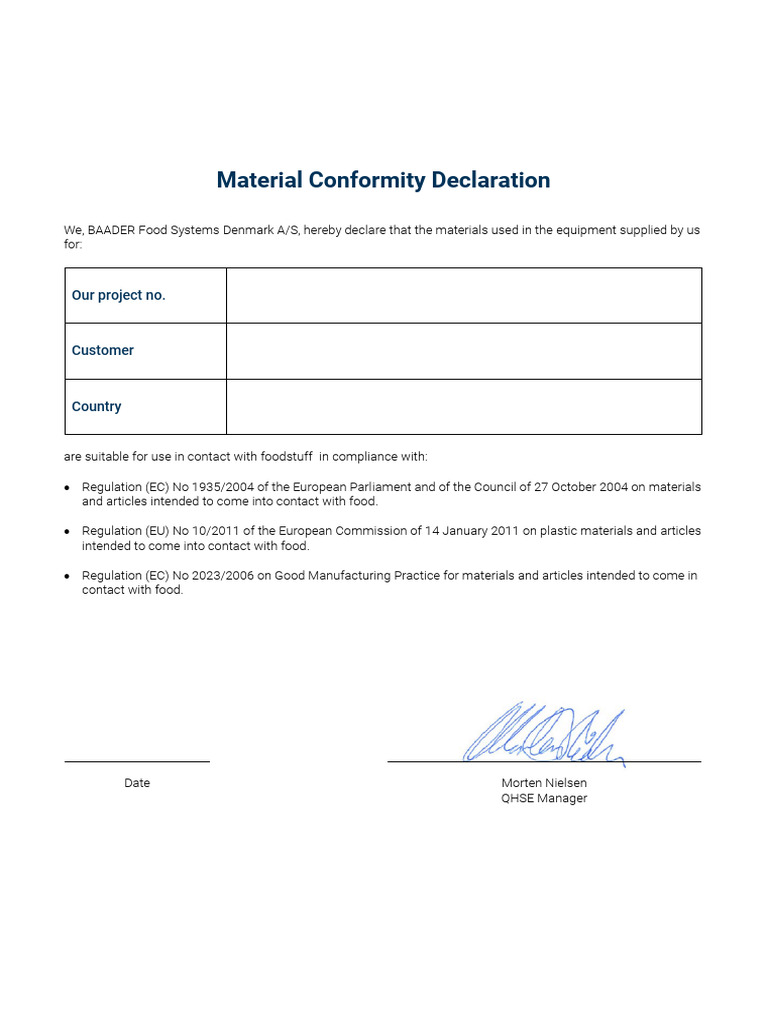 Food Contact Material Compliance Declaration | PDF