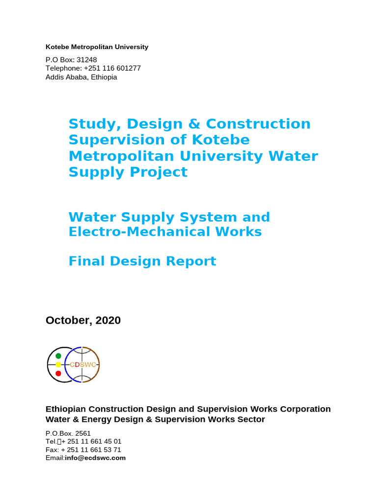 Kotebe MU Water Supply Project Final Design Report | PDF | Water Supply ...