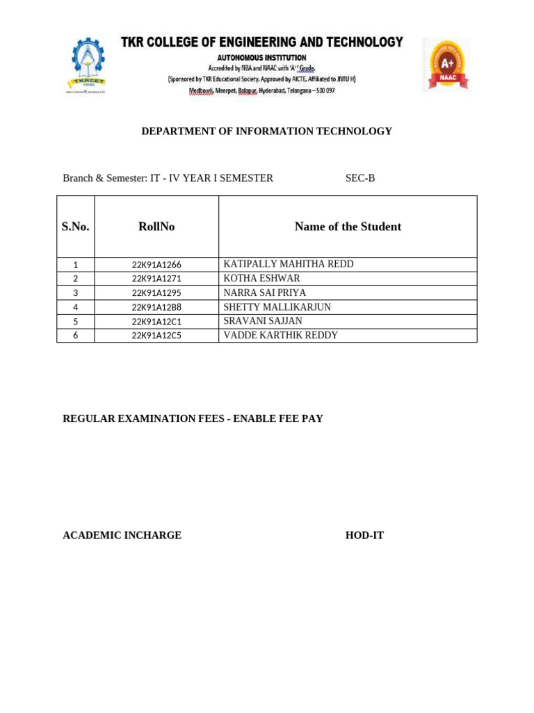IT IV Year I Semester Exam Fees List | PDF