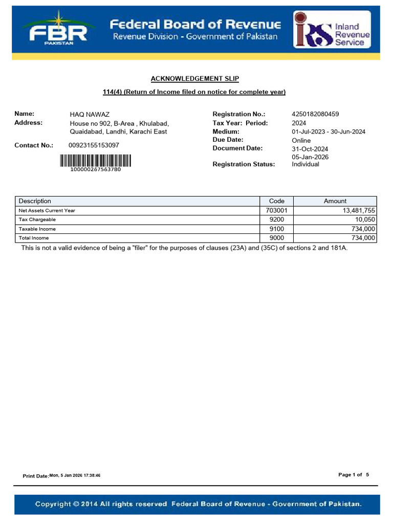 2024 Income Tax Acknowledgement Slip | PDF | Taxes | Government Finances