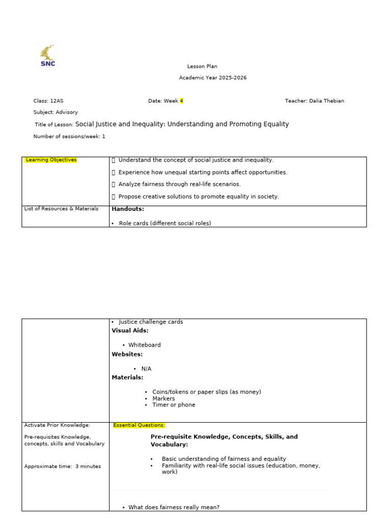 Social Justice Lesson Plan for 12AS | PDF | Economic Inequality ...