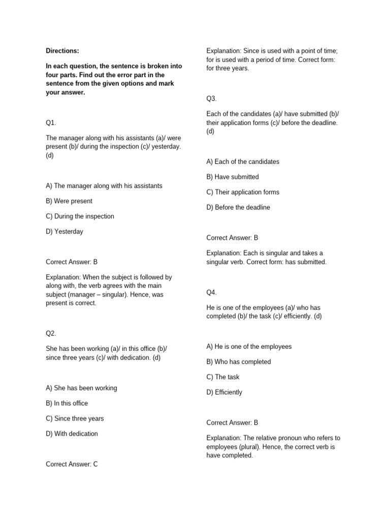 Sentence Error Identification Quiz | PDF | Verb | Syntax