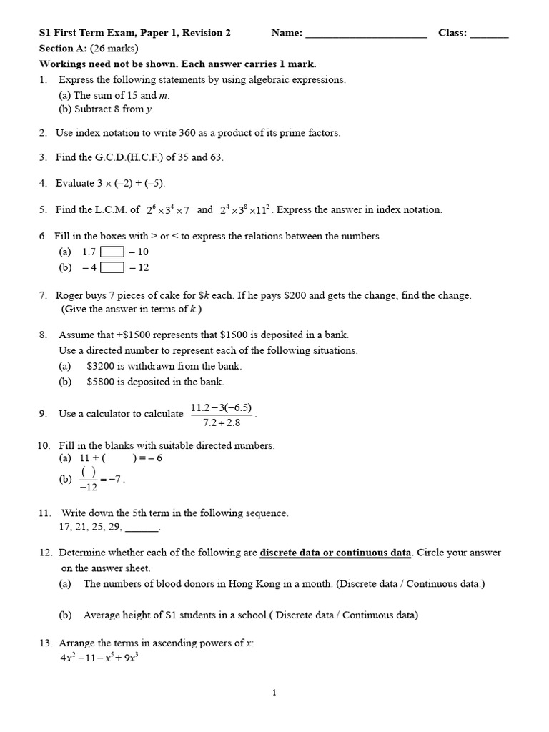 S1 1st Exam Revision 2 | PDF | Mathematical Analysis | Discrete Mathematics