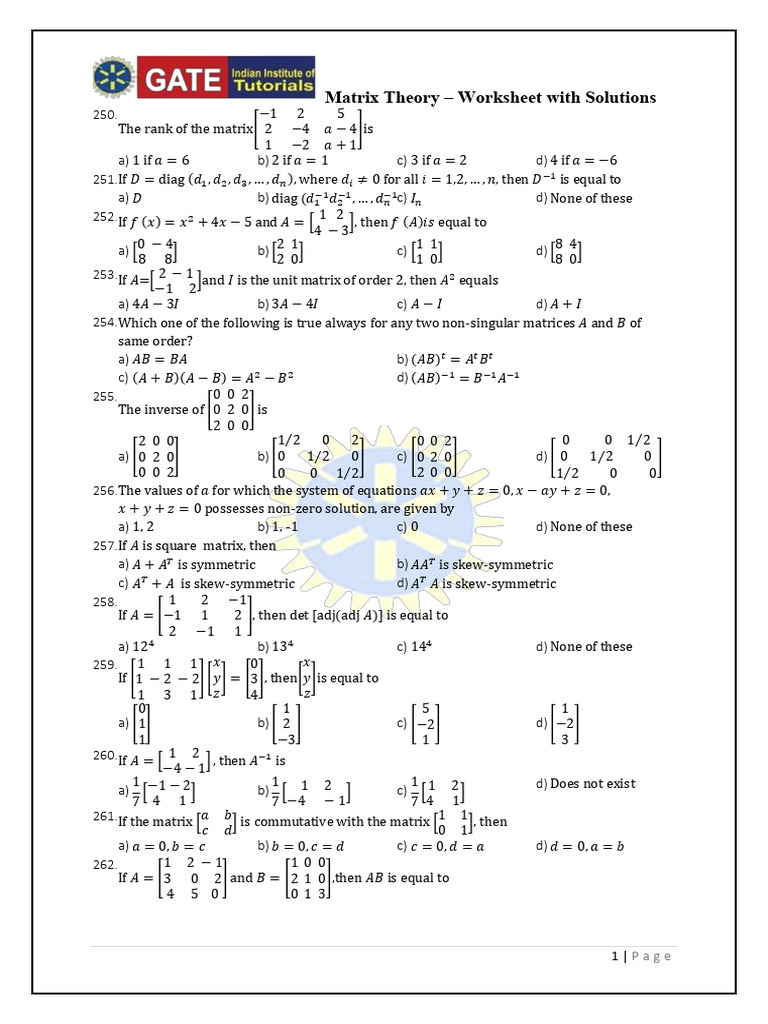 Matrix Theory Worksheet Solutions | PDF | Matrix (Mathematics ...