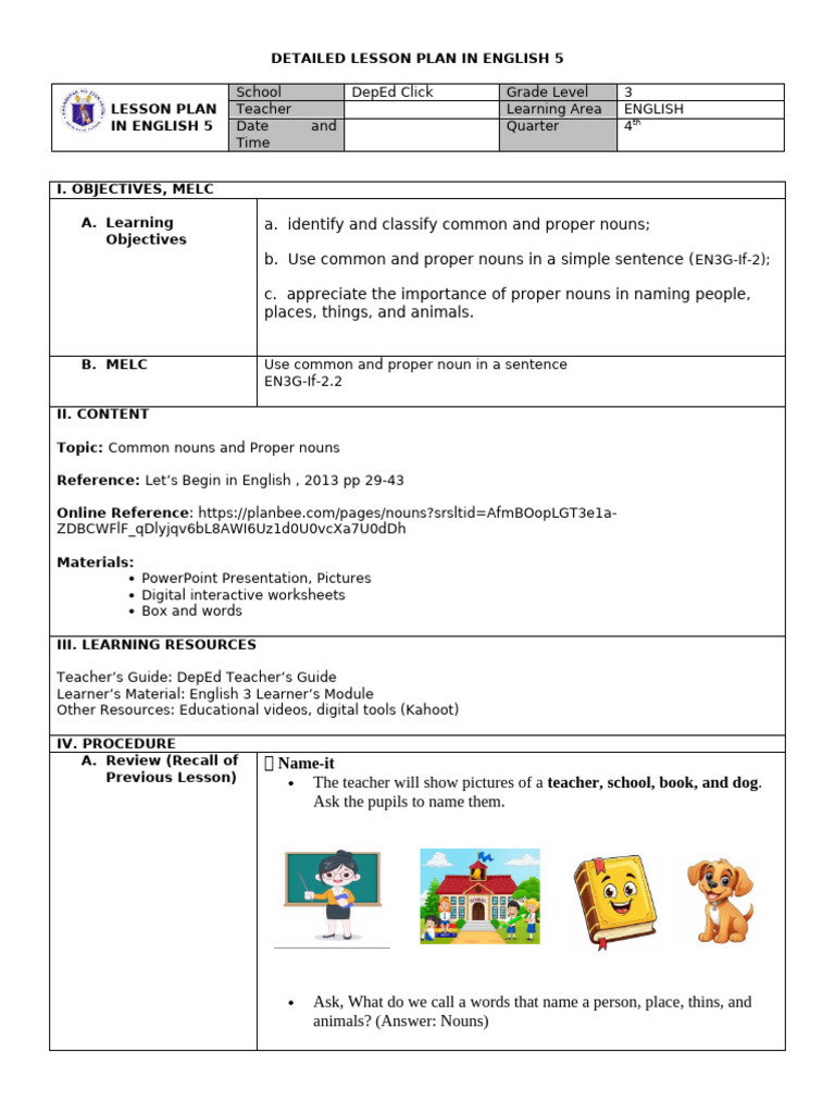 Grade 3 Lesson Plan-common and Proper Noun | PDF | Lesson Plan | Learning