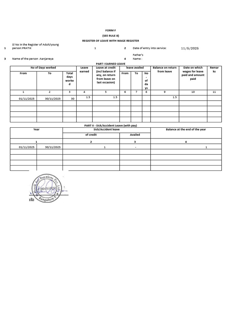 Leave and Wage Register Form F | PDF