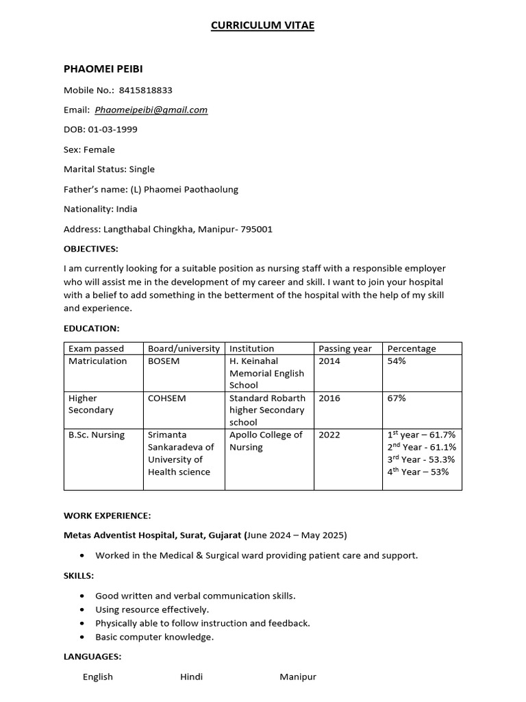 Nursing CV of Phaomei Peibi | PDF