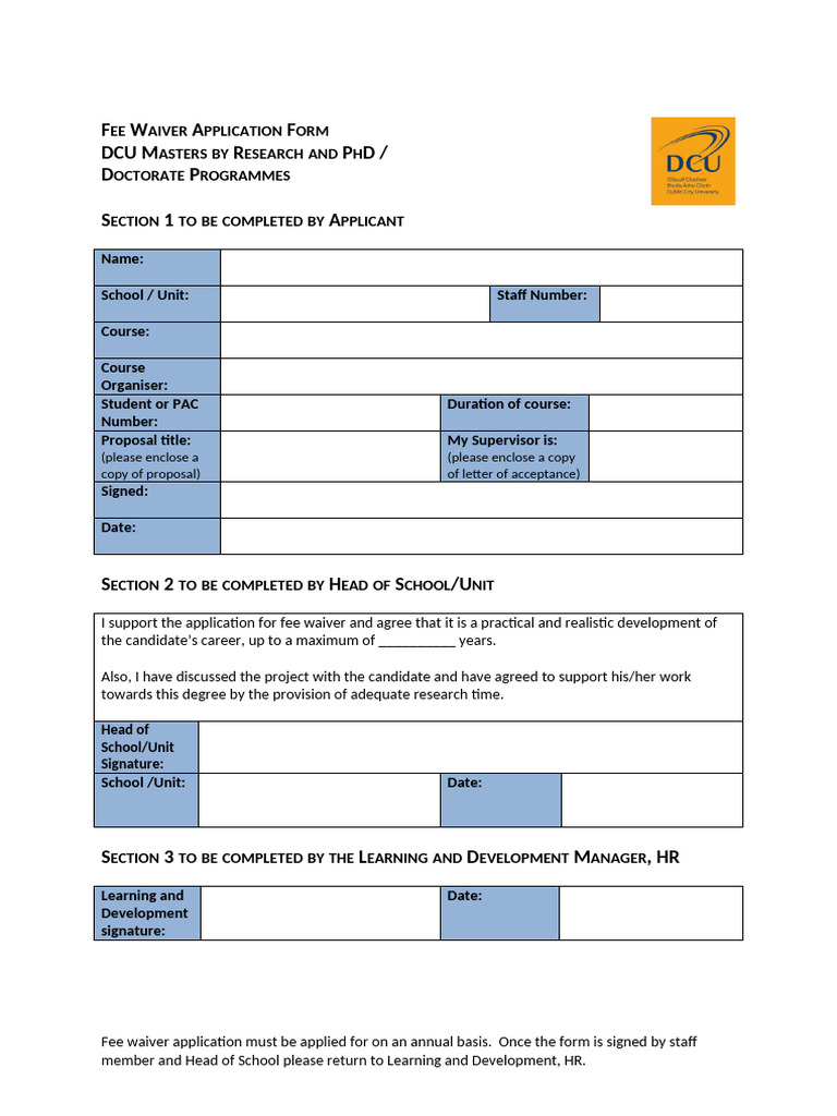 Fee Waiver Application Form Dcu Research Masters Phd and Doctorate ...