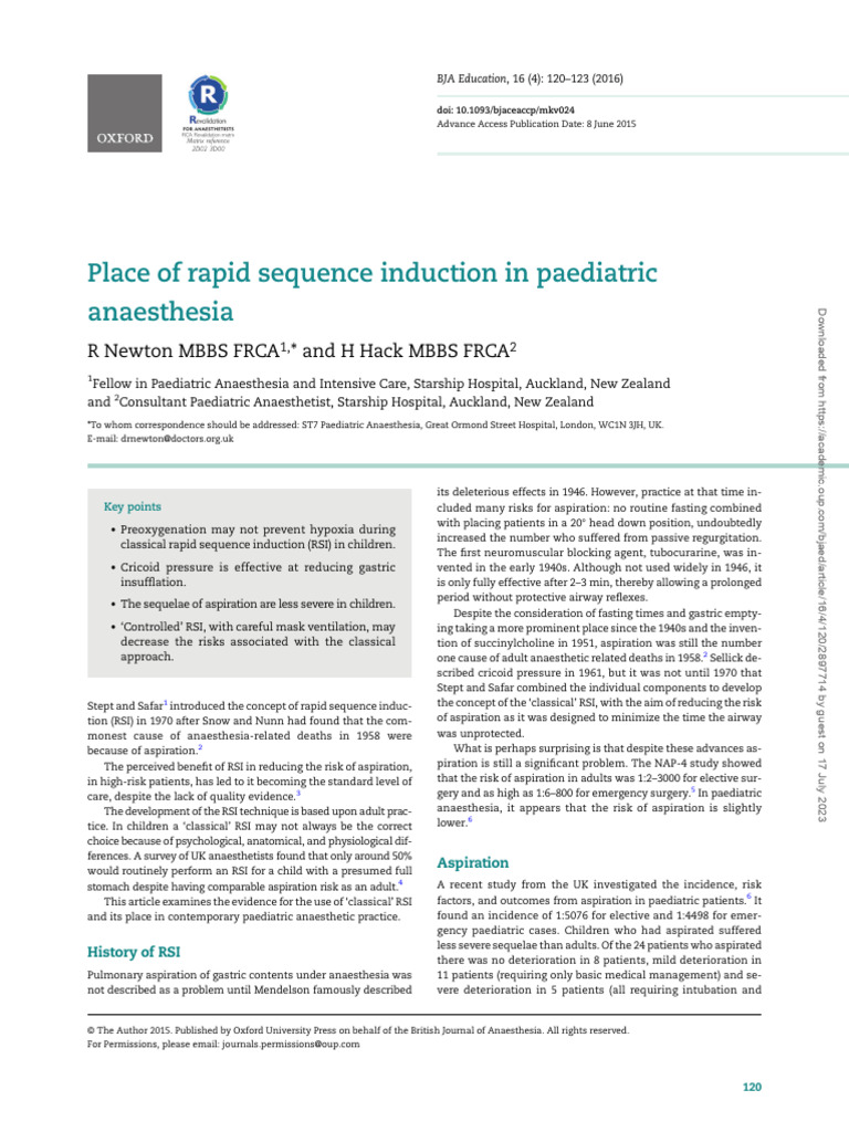 Rapid Sequence Induction in Pediatric Anesthesia | PDF | Apnea | Esophagus