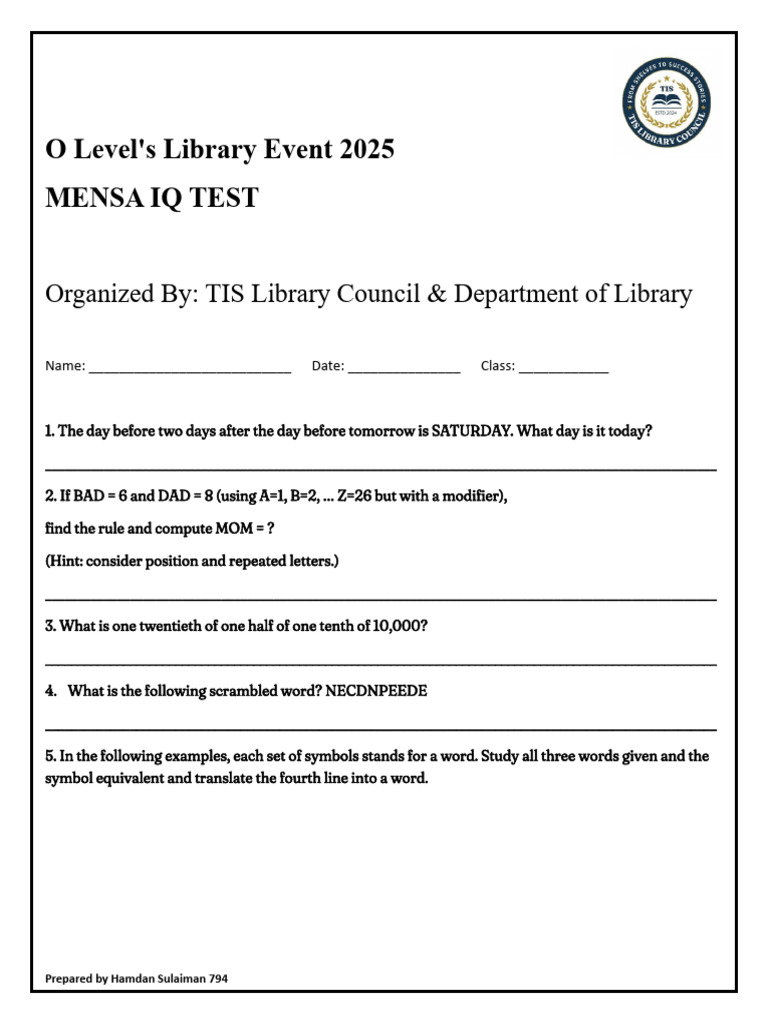 Mensa IQ Test for O Level Library Event | PDF
