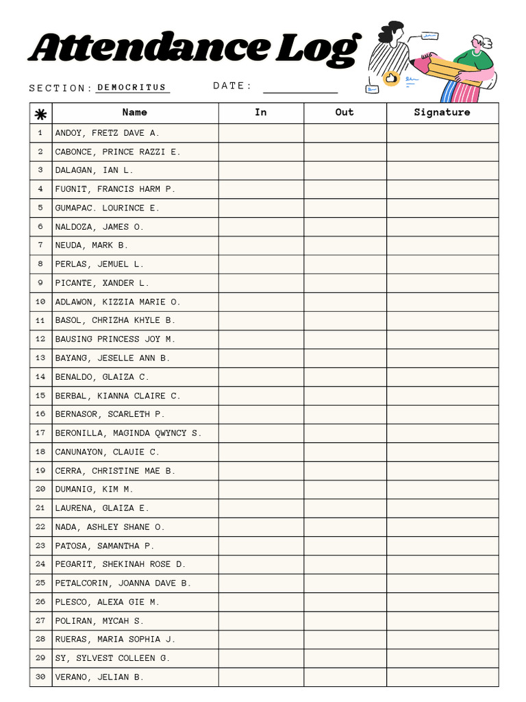Attendance Log Planner in Beige Cute Fun Style | PDF