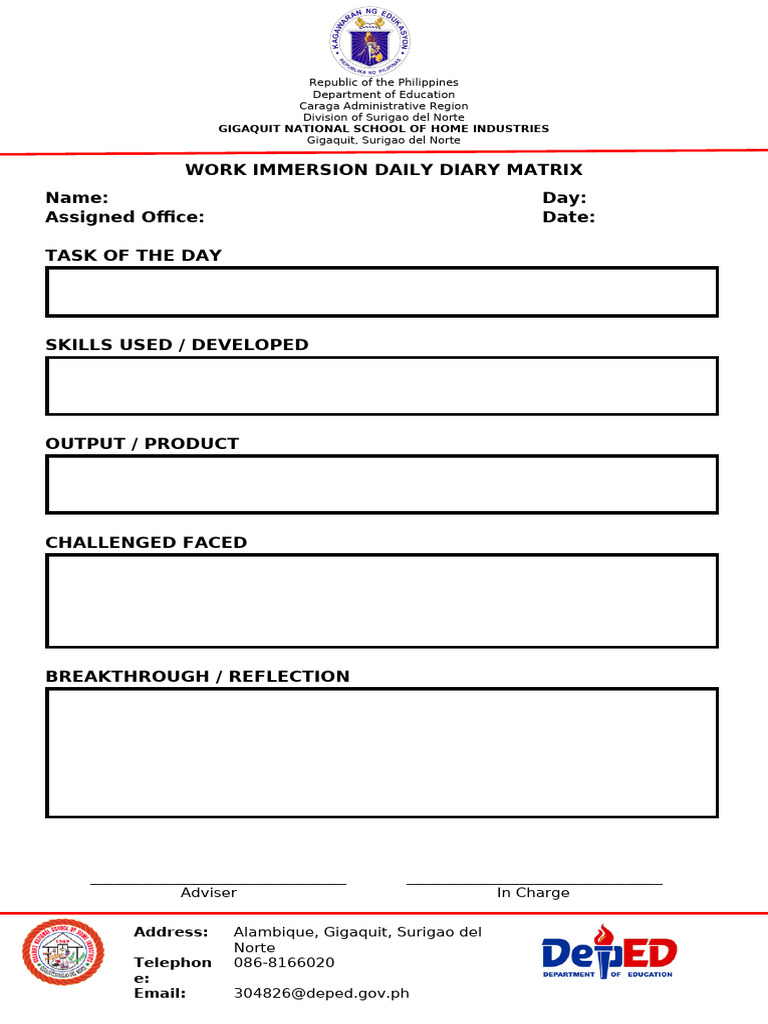 Work Immersion Daily Diary Matrix | PDF