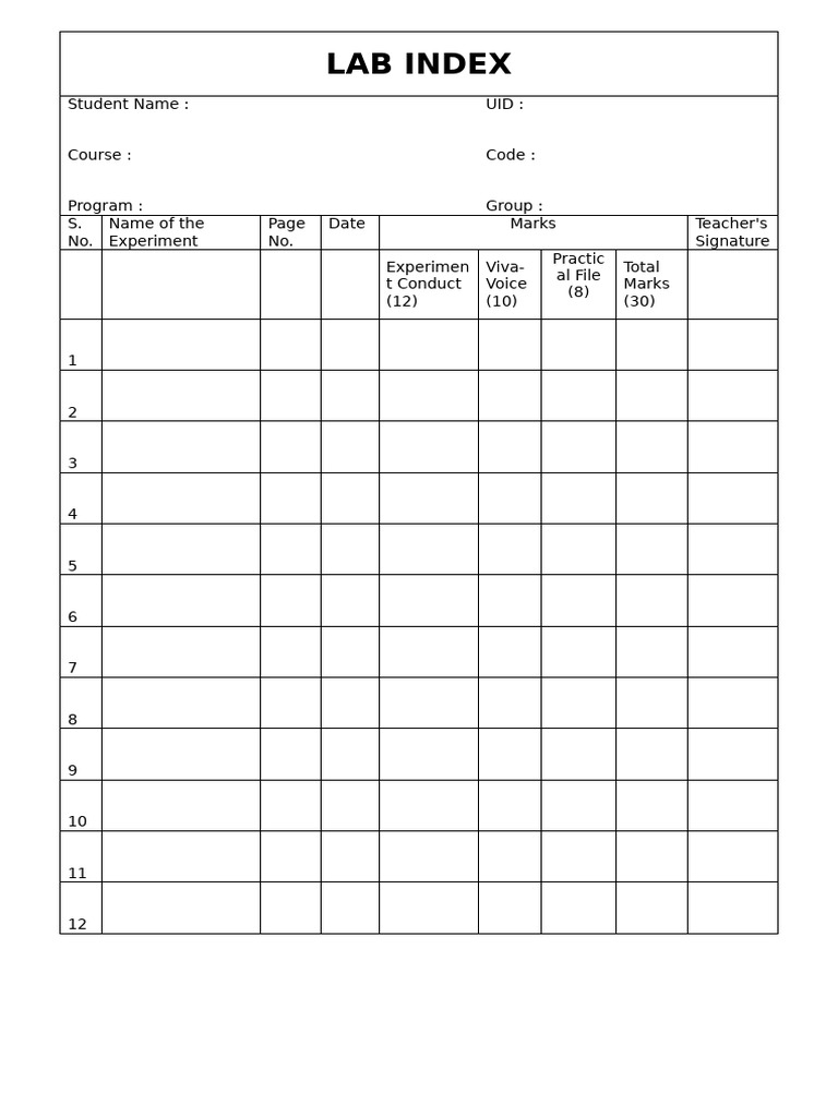 Student Lab Index Template | PDF