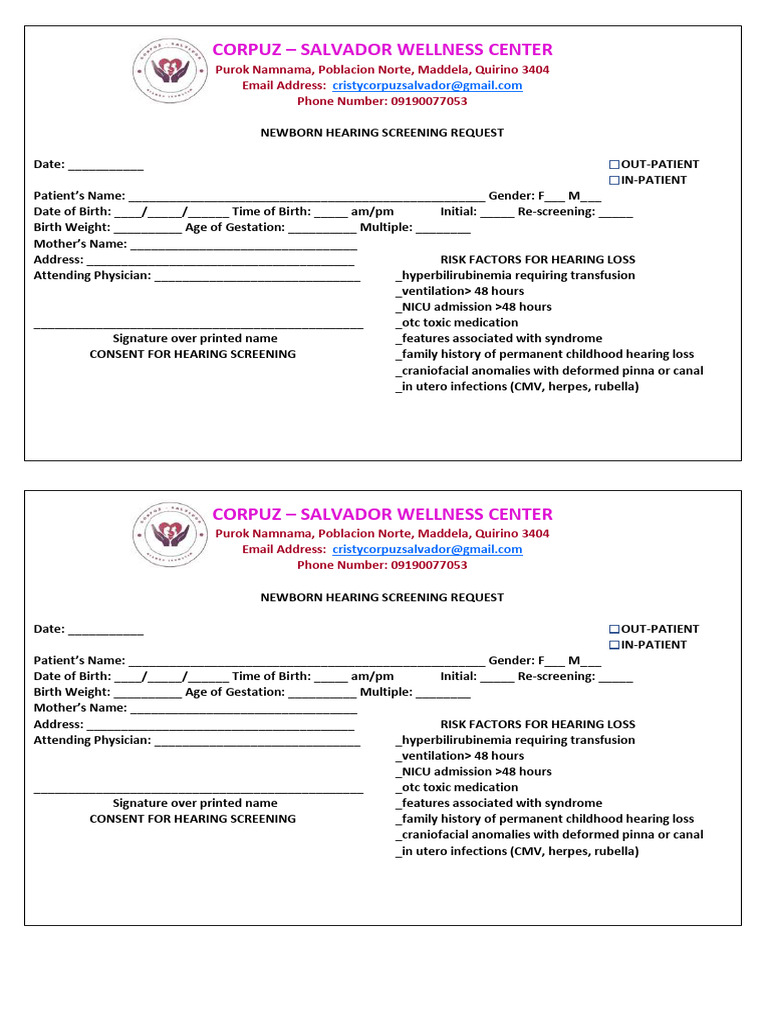 Newborn Hearing Screening Request Form | PDF | Hearing Loss | Diseases ...