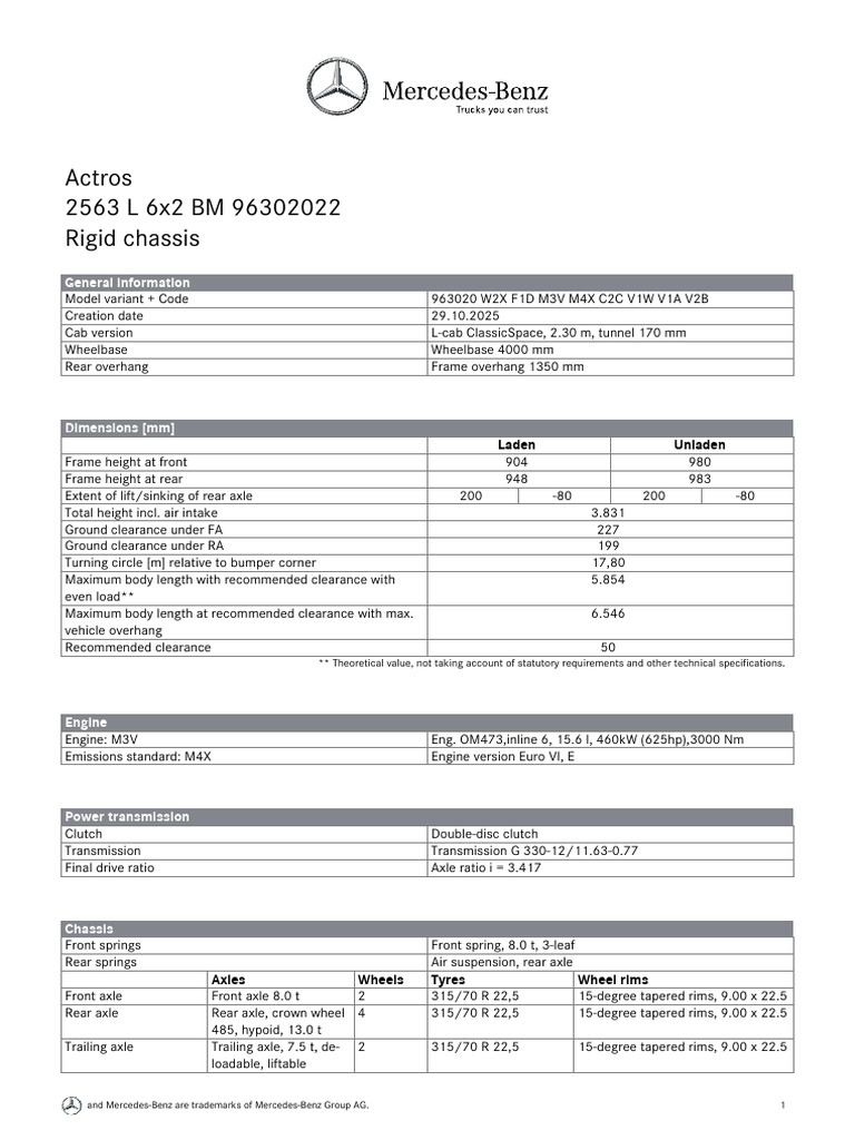 Mercedes-Benz Actros 2563 L 6x2 Specs | PDF | Truck | Axle