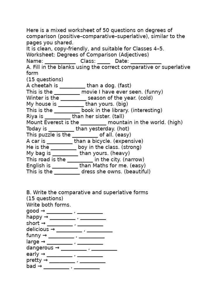 Degrees of Comparison Worksheet for Kids | PDF