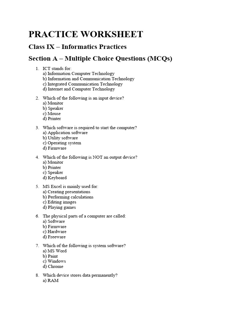 9th Worksheet | PDF | Computer Hardware | Operating System