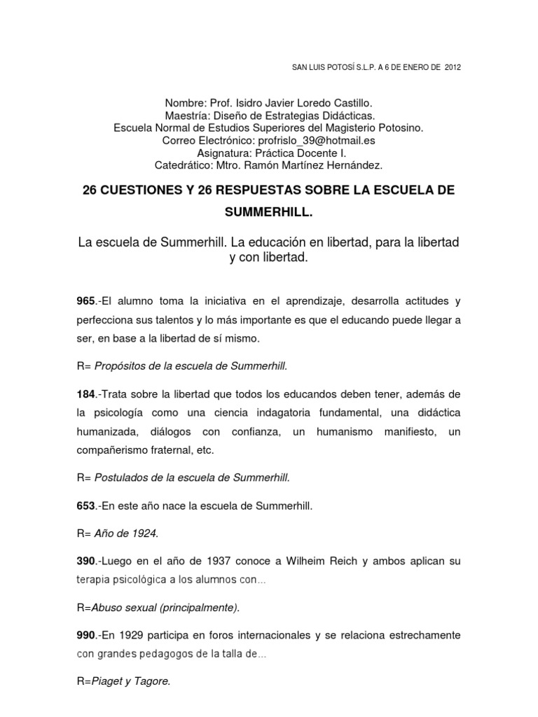 Escuela Summerhill. 26 Cuestiones y Respuestas. | PDF | Escuelas ...