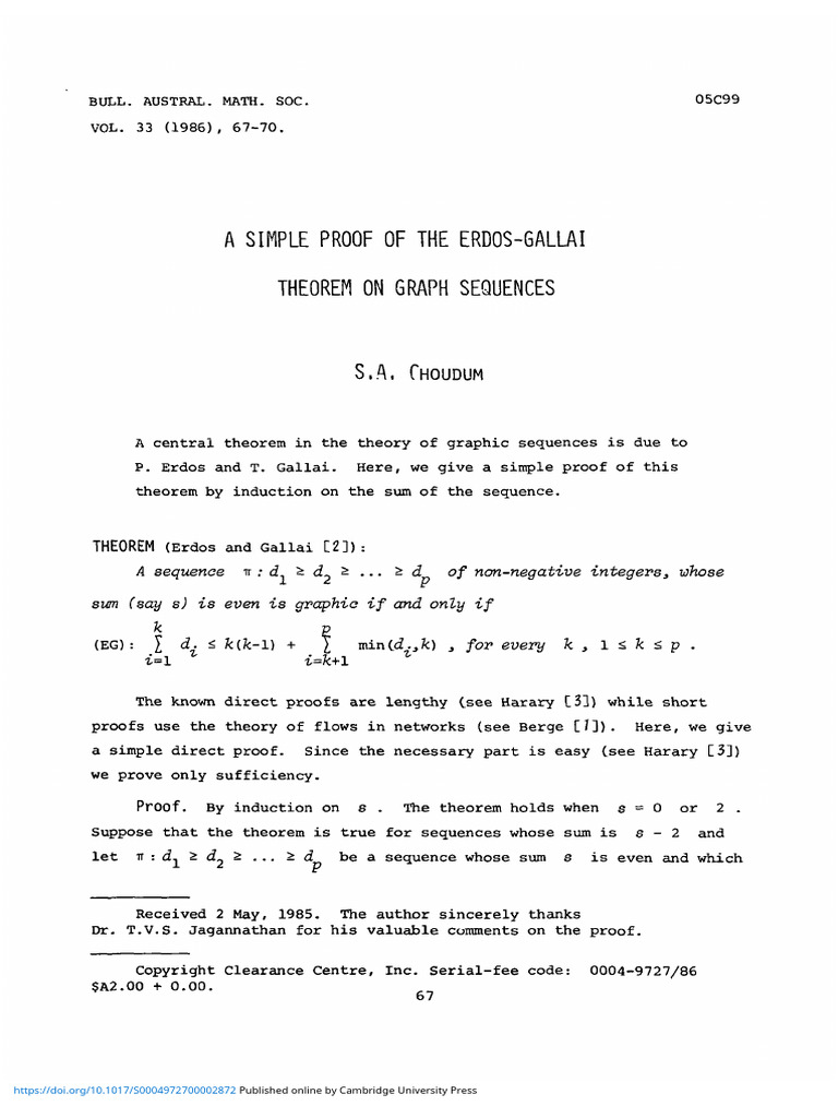 A Simple Proof of the Erdos Gallai Theorem on Graph Sequences | PDF ...