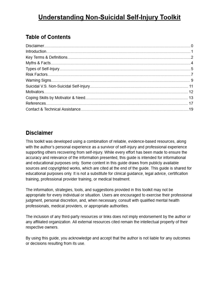 Understanding Non-Suicidal Self-Injury Toolkit | PDF | Self Harm ...