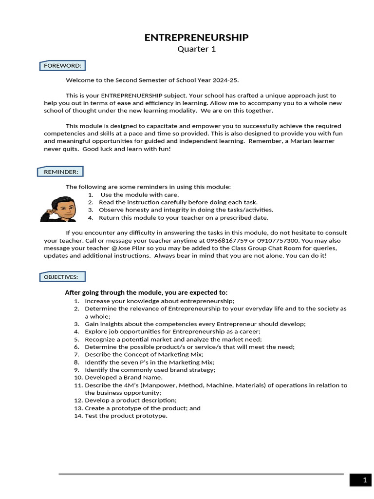 ENTREPRENEURSHIP-FIRST-QUARTER-2024-25 | PDF | Entrepreneurship ...