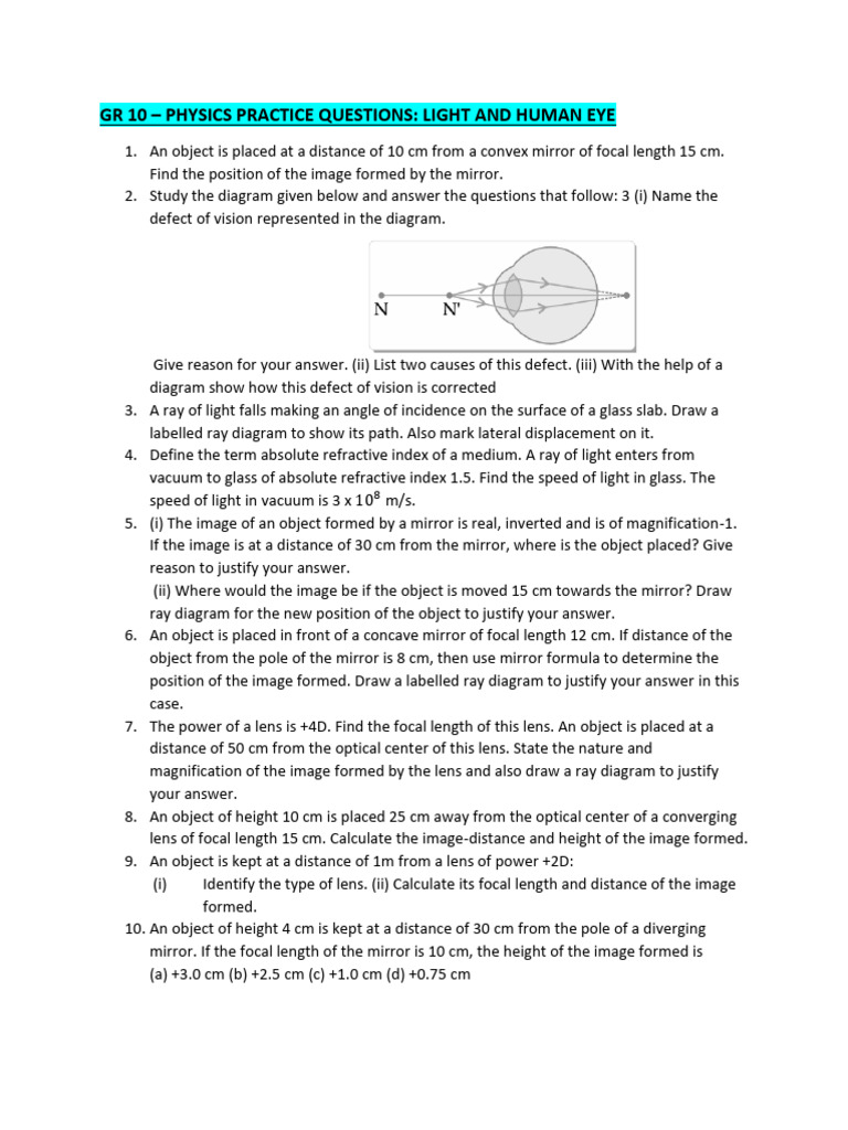 Light and Eye Defects Practice Questions | PDF | Electrodynamics ...