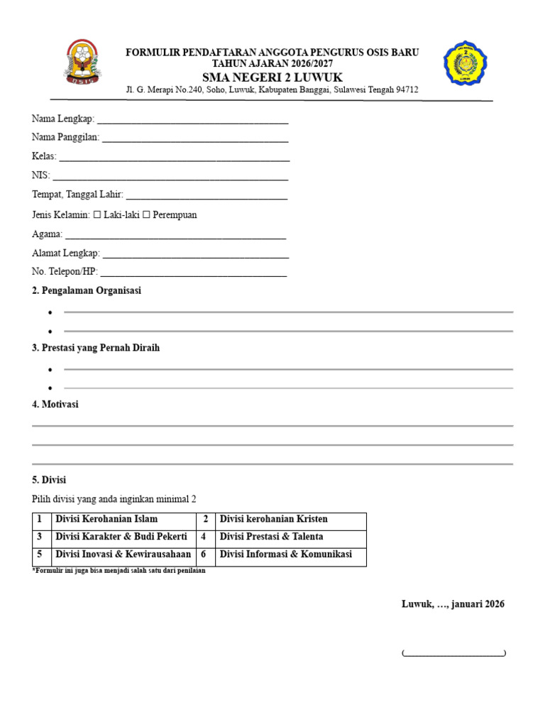 Formulir Pendaftaran OSIS SMA 2026/2027 | PDF