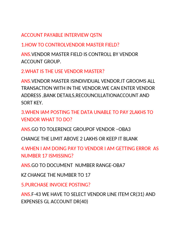 Account Payable Interview QSTN | PDF | Accounts Payable | Payments