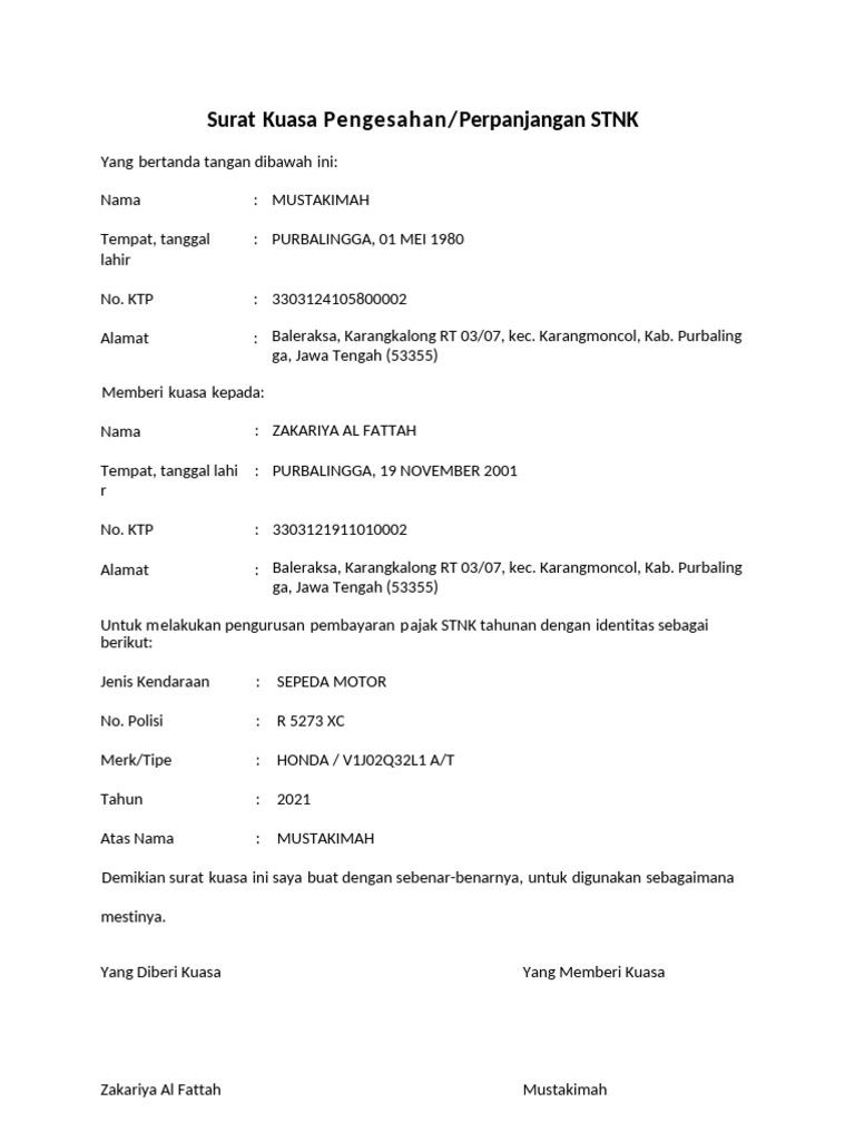 Surat Kuasa Perpanjangan STNK Motor | PDF
