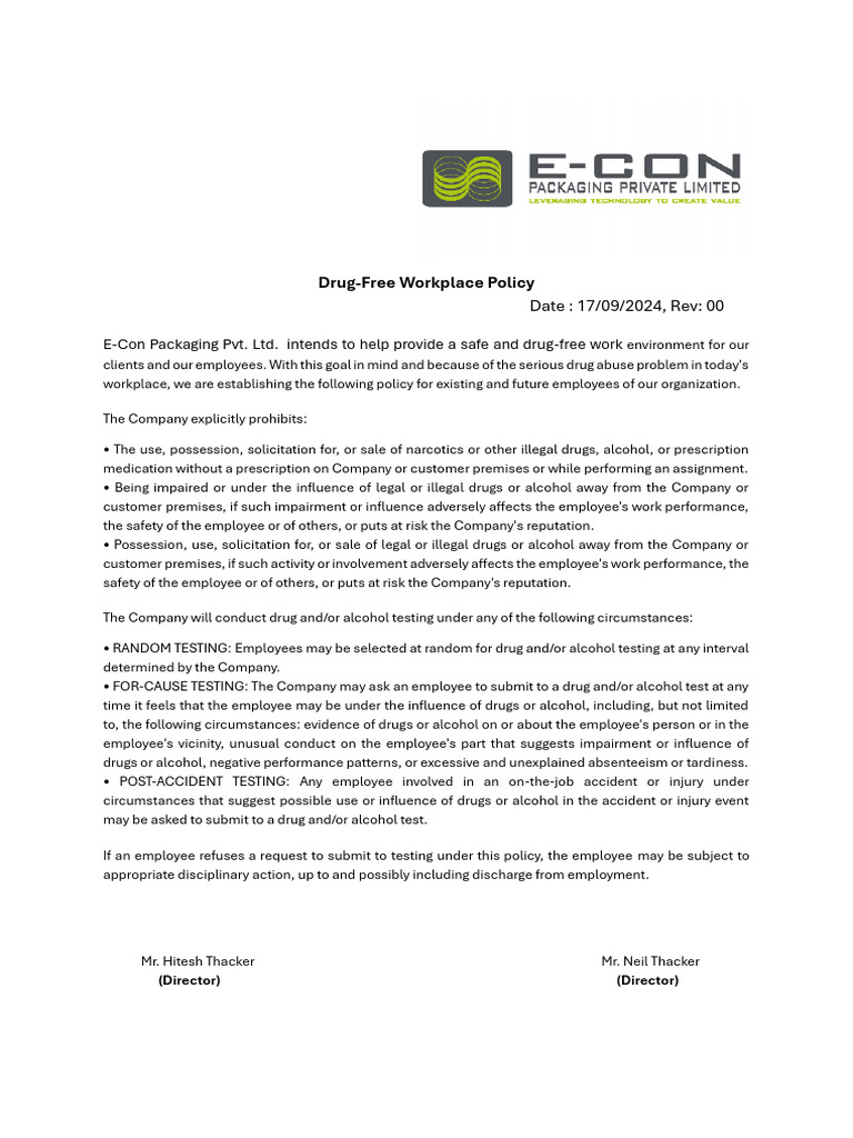Drug-Free Workplace Policy Overview | PDF | Drugs | Psychoactive Drugs