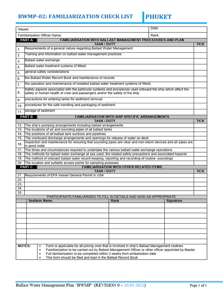 Ballast Water Management Familiarization Checklist | PDF | Ships