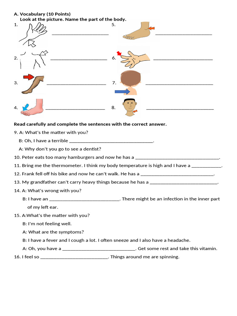 Body Parts and Health Vocabulary Quiz | PDF
