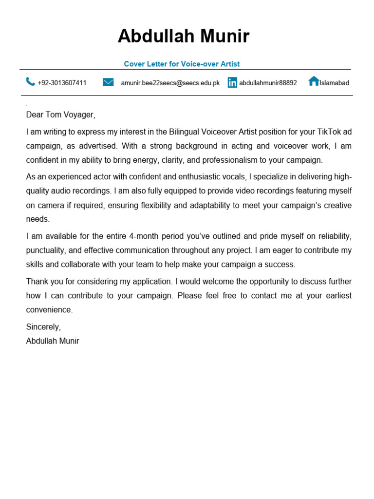 Abdullah Munir VoiceOver Cover Letter | PDF